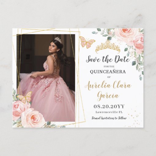 Blush Pink Floral Gold Quinceanera Save the Date Announcement Postcard ...