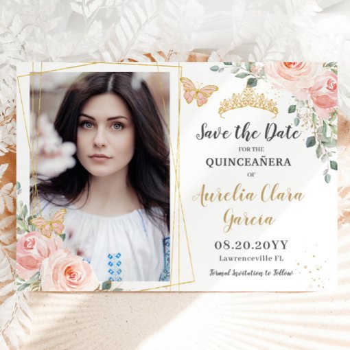 Blush Pink Floral Gold Quinceanera Save the Date Announcement Postcard ...
