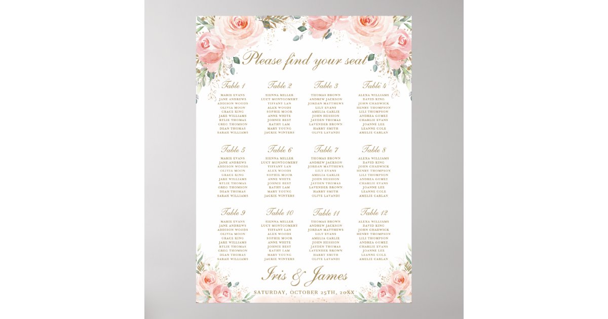 Blush Pink Floral Gold Wedding Seating Chart Sign | Zazzle