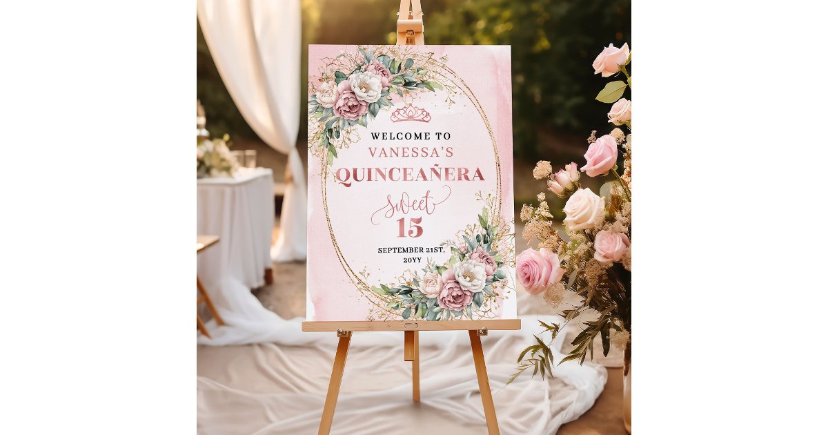 Blush Pink Floral Greenery Sweet 15 Welcome Sign | Zazzle