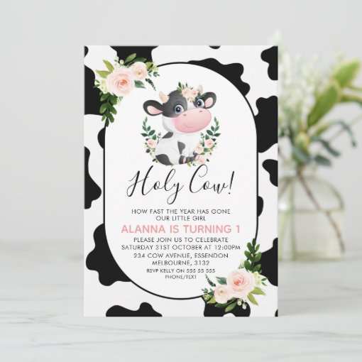 Blush Pink Floral Holy Cow Cow Print Birthday Invitation | Zazzle