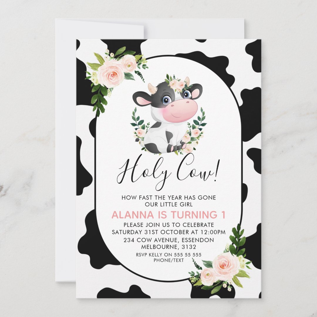 Blush Pink Floral Holy Cow Cow Print Birthday Invitation | Zazzle