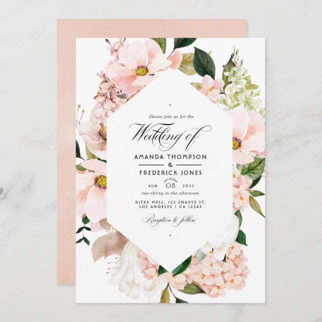 Blush Pink Floral Hydrangeas Wedding Photo Invitation | Zazzle