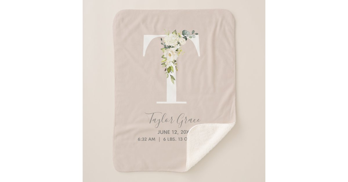 Blush Pink Floral Letter T Baby Script Birth Stats Sherpa Blanket | Zazzle