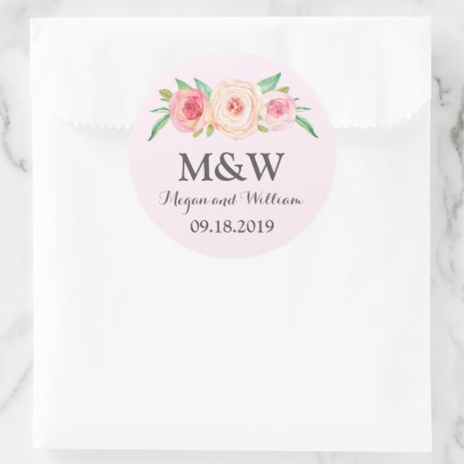 Blush Pink Floral Monogram Wedding Classic Round Sticker | Zazzle