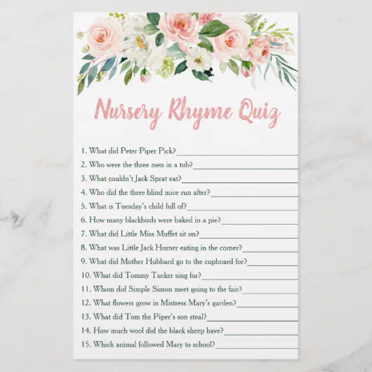 Blush Pink Floral Nursery Rhyme Baby Shower Game | Zazzle