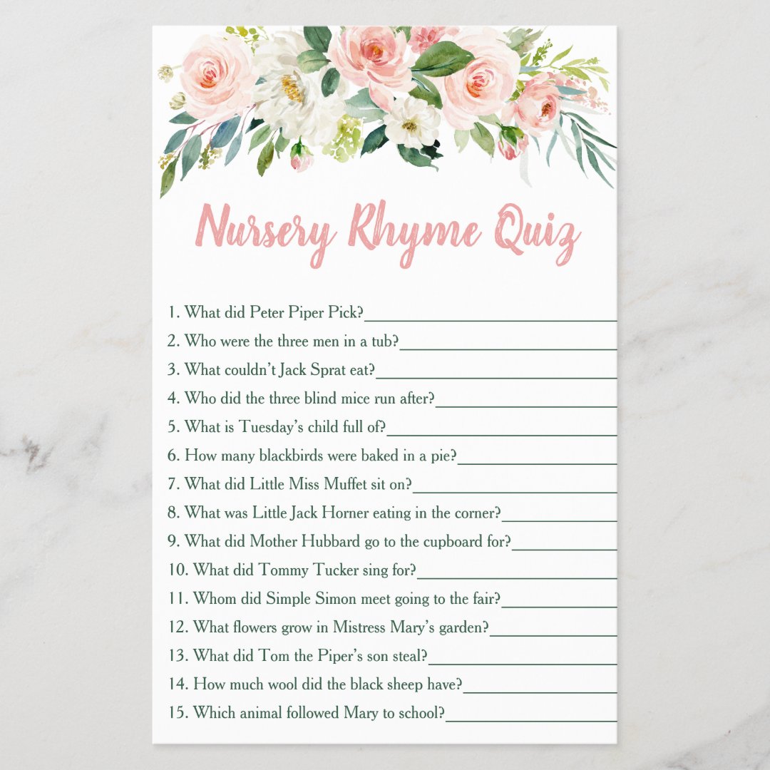Blush Pink Floral Nursery Rhyme Baby Shower Game | Zazzle