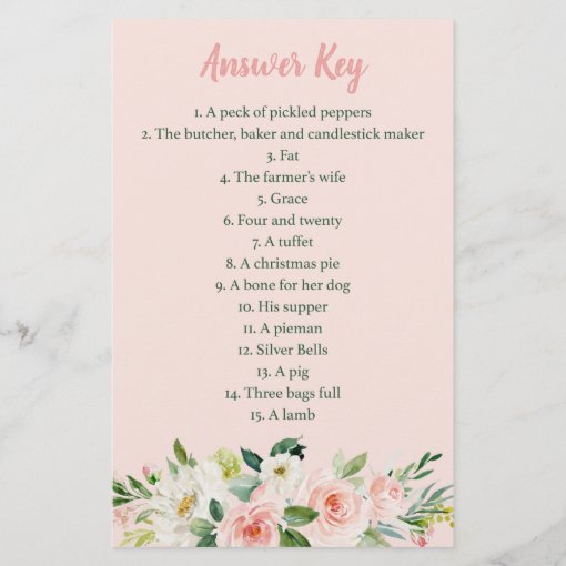 Blush Pink Floral Nursery Rhyme Baby Shower Game | Zazzle