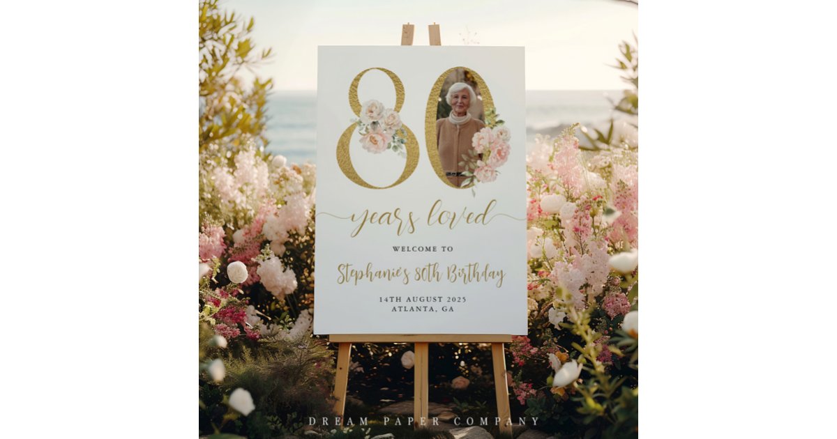 Blush Pink Floral Photo 80th Birthday Welcome Sign | Zazzle