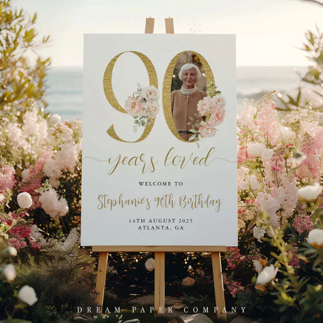 Blush Pink Floral Photo 90th Birthday Welcome Sign | Zazzle