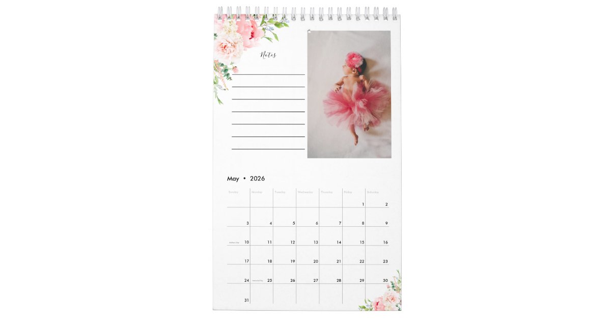 Blush Pink Floral Photo Calendar With Notes | Zazzle