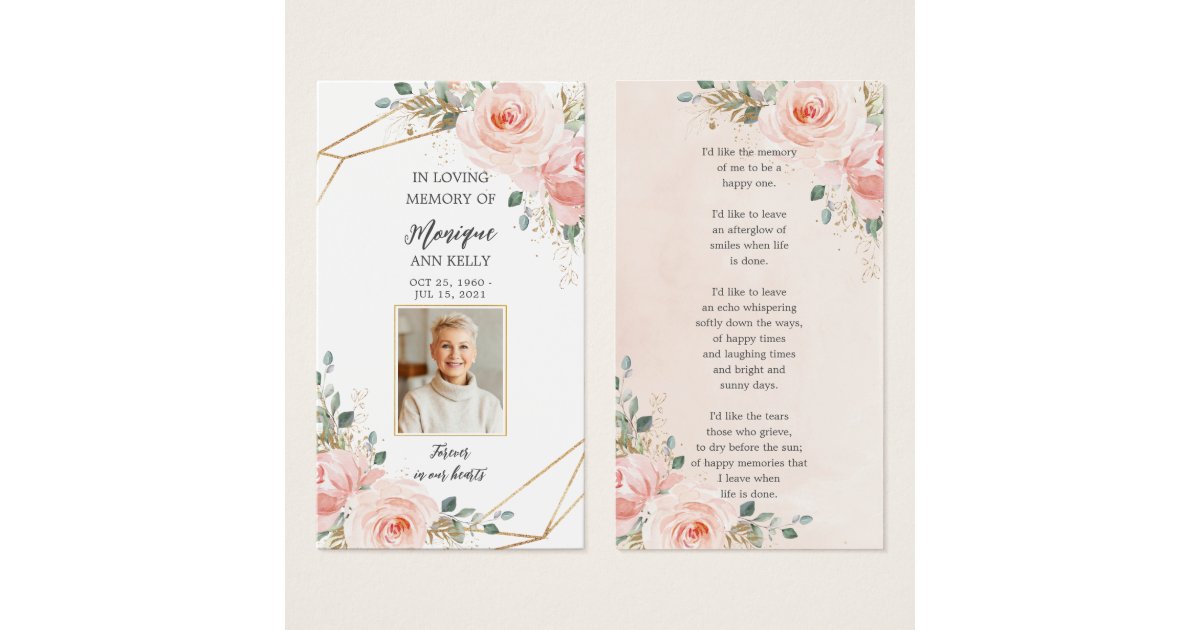 Blush Pink Floral Photo Funeral Memorial Bookmark | Zazzle