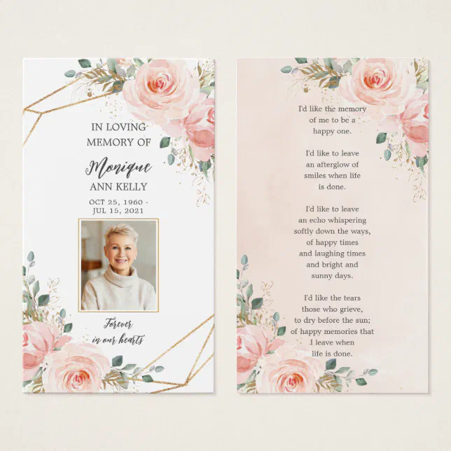 Blush Pink Floral Photo Funeral Memorial Bookmark | Zazzle