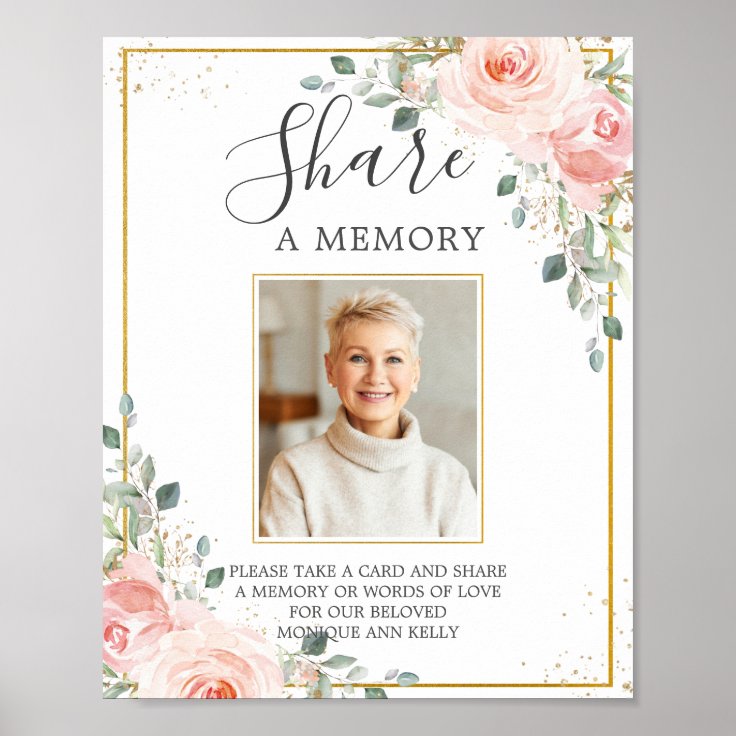 Blush Pink Floral Photo Funeral Share a Memory Poster | Zazzle