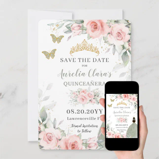 Blush Pink Floral Princess Sage Green Quinceañera Save The Date | Zazzle