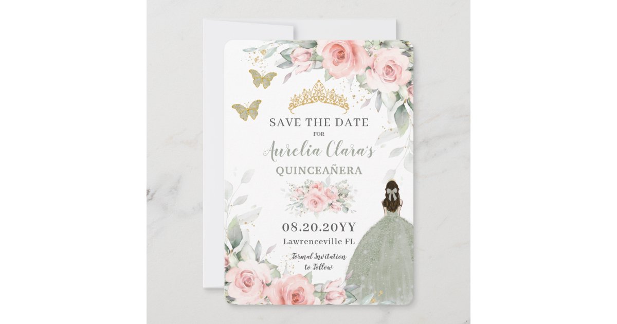 Blush Pink Floral Princess Sage Green Quinceañera Save The Date | Zazzle