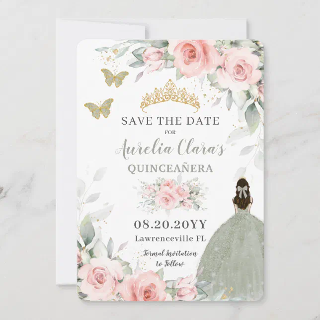 Blush Pink Floral Princess Sage Green Quinceañera Save The Date | Zazzle