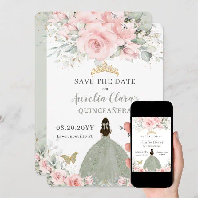 Blush Pink Floral Princess Sage Green Quinceañera Save The Date | Zazzle