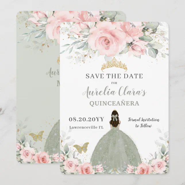 Blush Pink Floral Princess Sage Green Quinceañera Save The Date | Zazzle