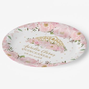 Blush Pink Floral Princess Tiara Crown QUINCEAÑERA Paper Plates | Zazzle