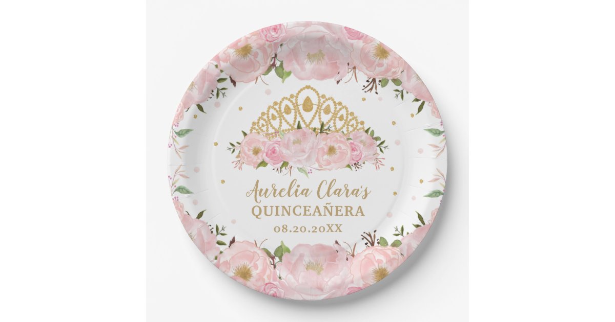 Blush Pink Floral Princess Tiara Crown QUINCEAÑERA Paper Plates | Zazzle
