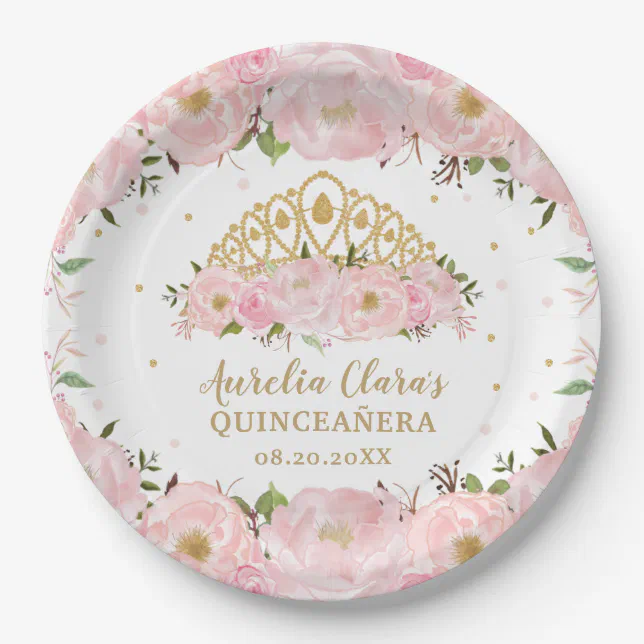 Blush Pink Floral Princess Tiara Crown QUINCEAÑERA Paper Plates | Zazzle