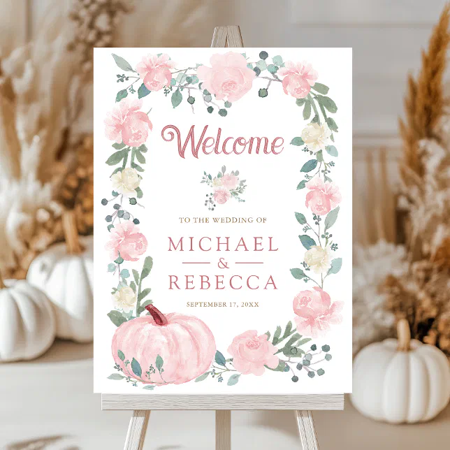 Blush Pink Floral Pumpkin Wedding Welcome Sign | Zazzle