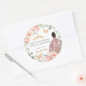 Blush Pink Floral Quinceañera Birthday Brown Girl Classic Round Sticker ...