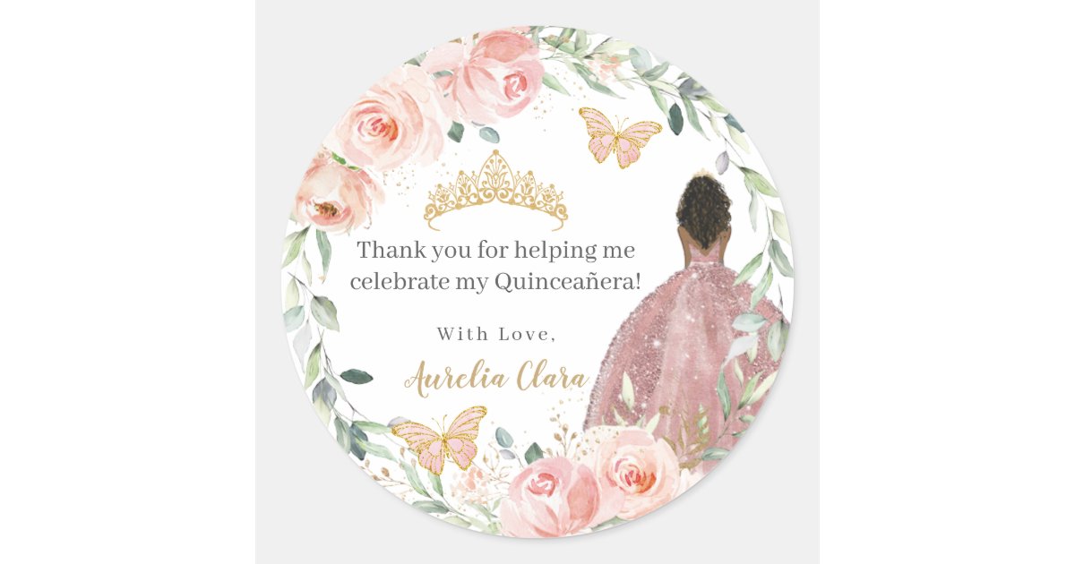 Blush Pink Floral Quinceañera Birthday Brown Girl Classic Round Sticker ...