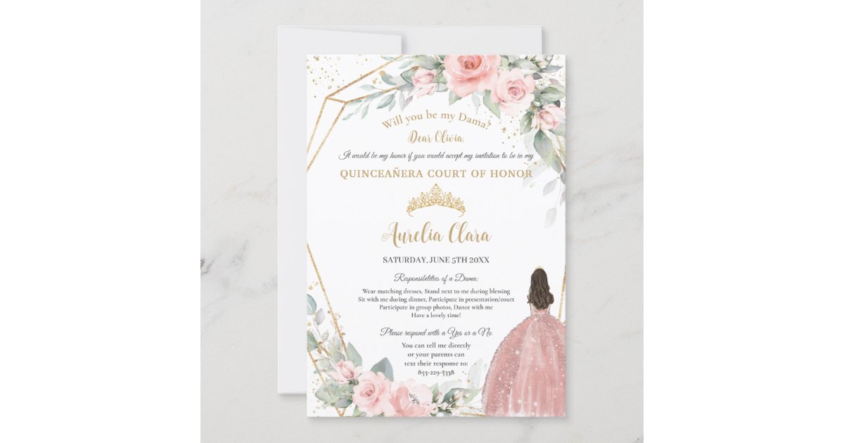 Blush Pink Floral Quinceañera Dama Proposal Invitation | Zazzle