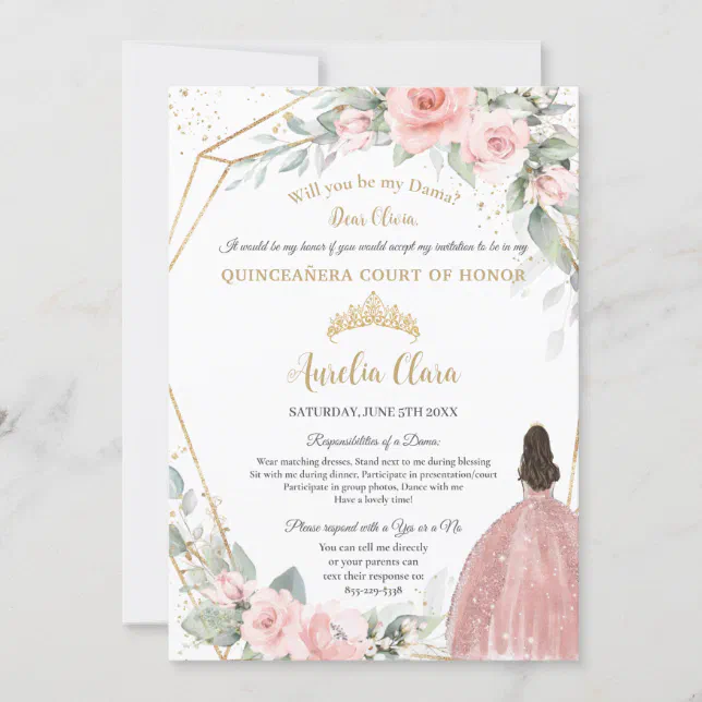 Blush Pink Floral Quinceañera Dama Proposal Invitation | Zazzle