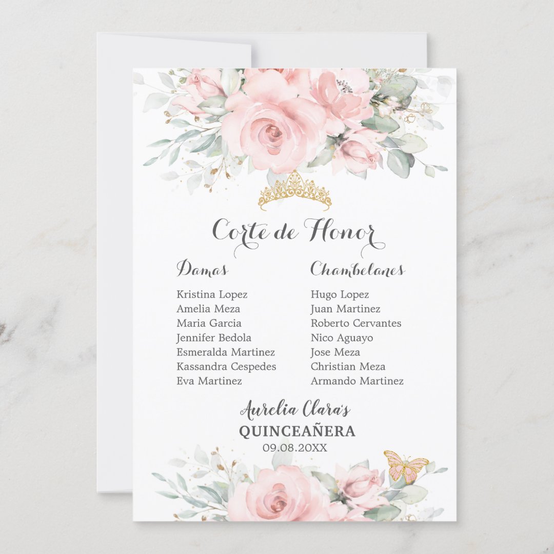 Blush Pink Floral QUINCEAÑERA Padrinos Damas Card | Zazzle