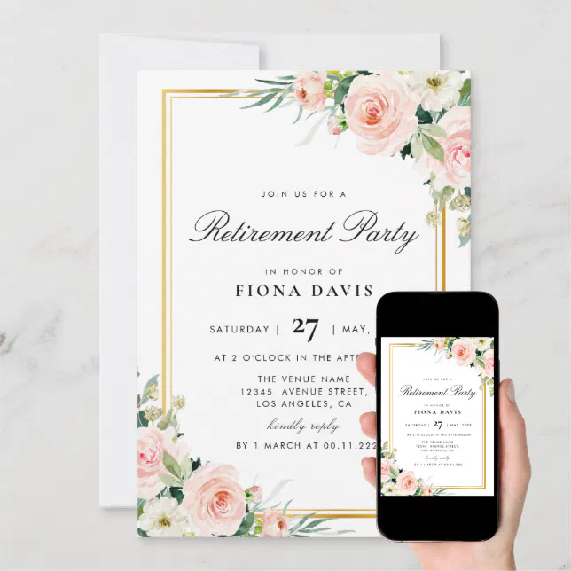 blush pink floral retirement party invitation | Zazzle