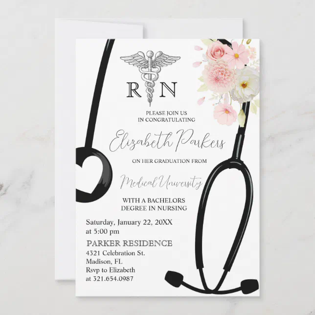 Blush Pink Floral RN Nursing Graduation Party Invitation | Zazzle