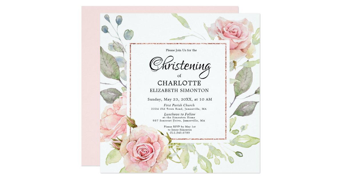 Blush Pink Floral Rose Gold Square Christening Invitation | Zazzle.com