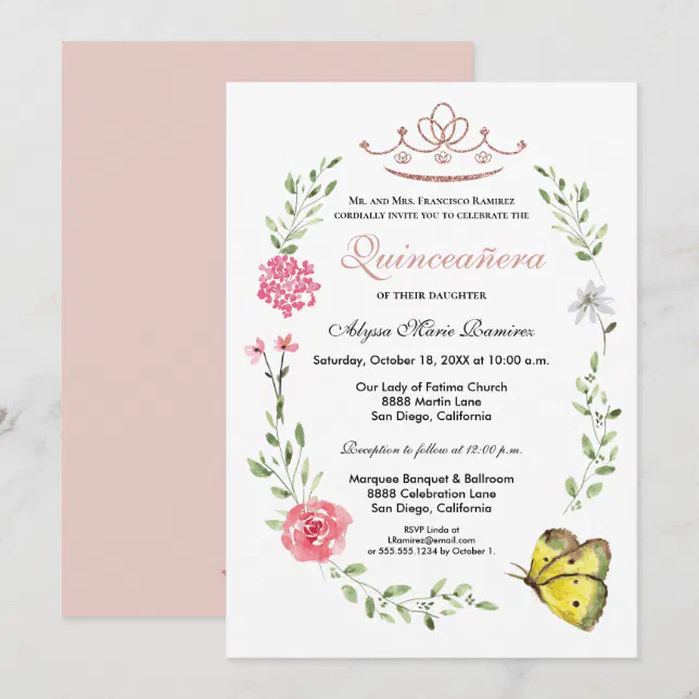 Blush Pink Floral Rose gold Tiara Quinceanera Invitation | Zazzle