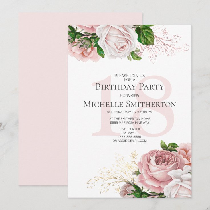 Blush Pink Floral Roses White 18th Birthday Invitation | Zazzle