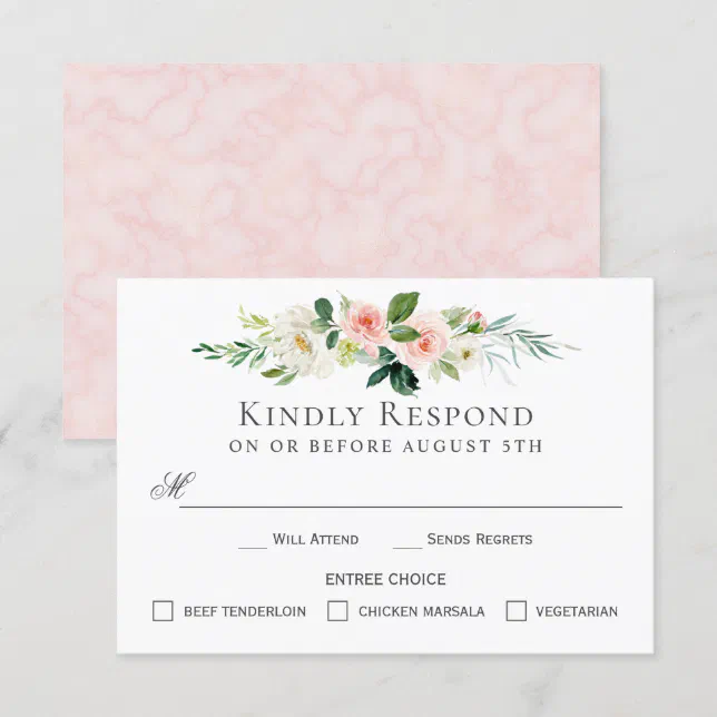 Blush Pink Floral RSVP Card with Entree Choices | Zazzle