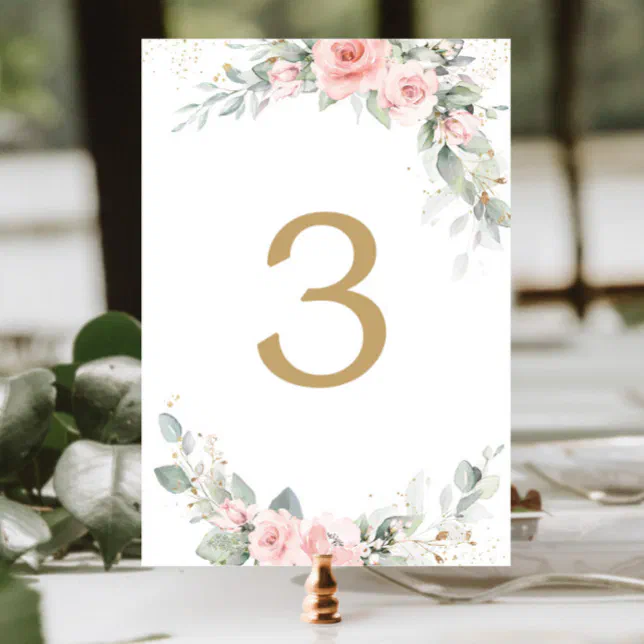 Blush Pink Floral Sage Gold Wedding Bridal Shower Table Number | Zazzle