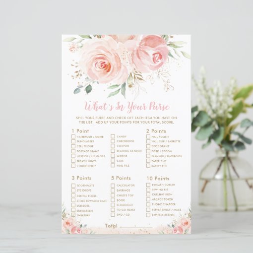 Blush Pink Floral Shower What's In Your Purse Game | Zazzle