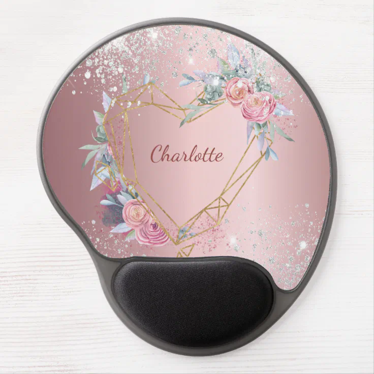 Blush pink floral silver glitter monogram elegant gel mouse pad | Zazzle