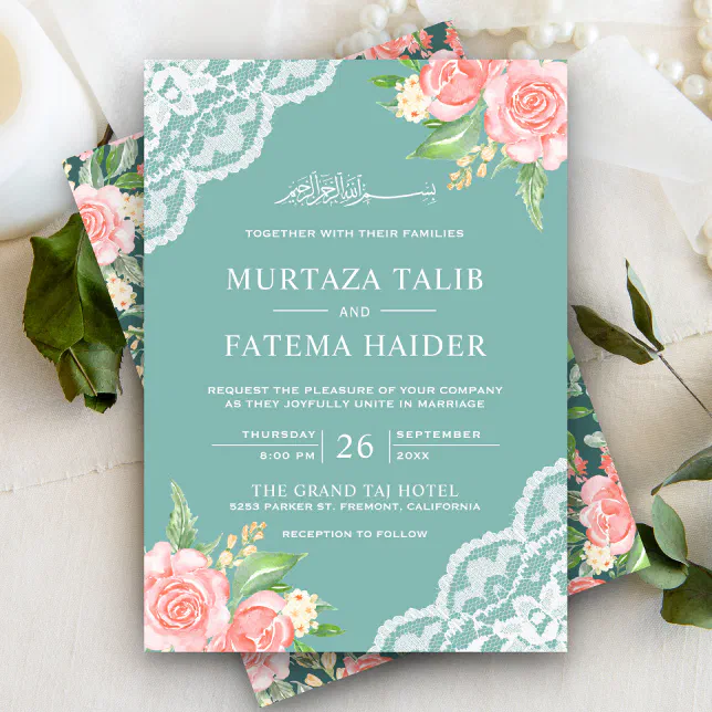 Blush Pink Floral Soft Pastel Teal Muslim Wedding Invitation | Zazzle
