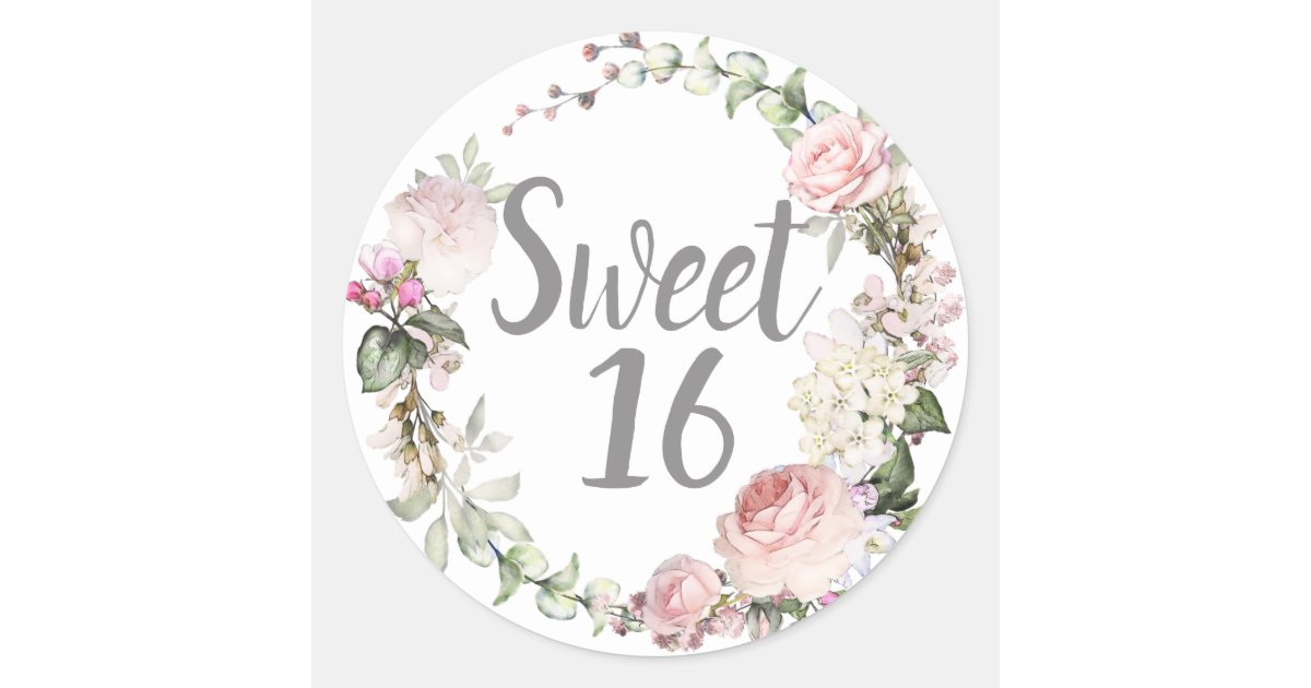 Blush Pink Floral Sweet Sixteen Classic Round Sticker | Zazzle