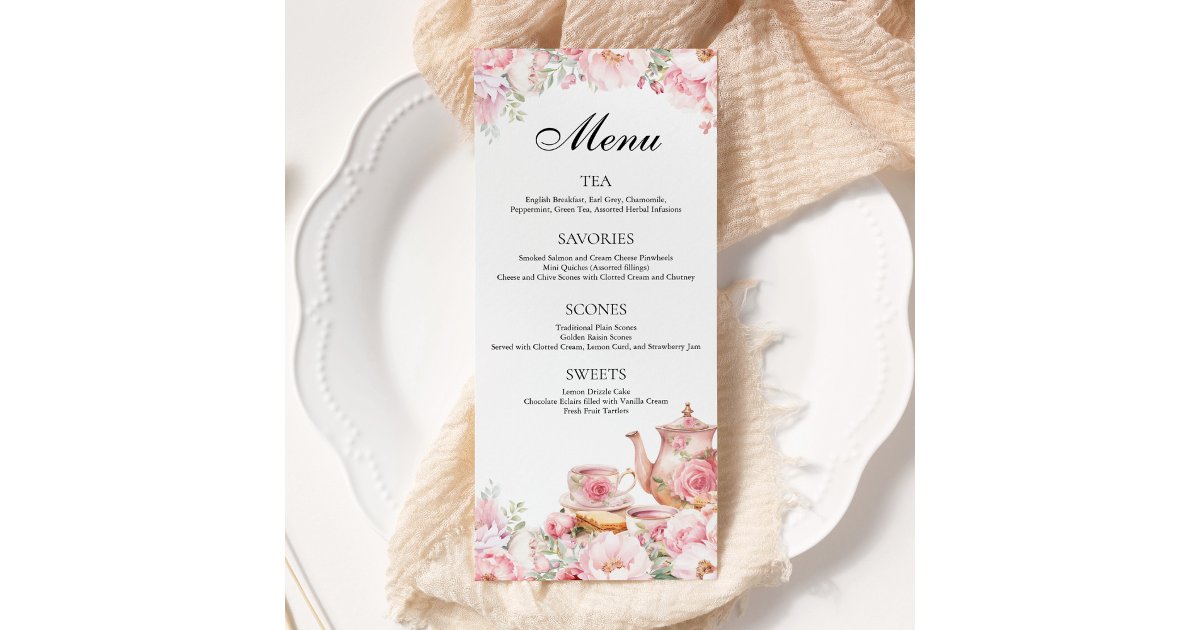 Blush Pink Floral Tea Party Menu | Zazzle