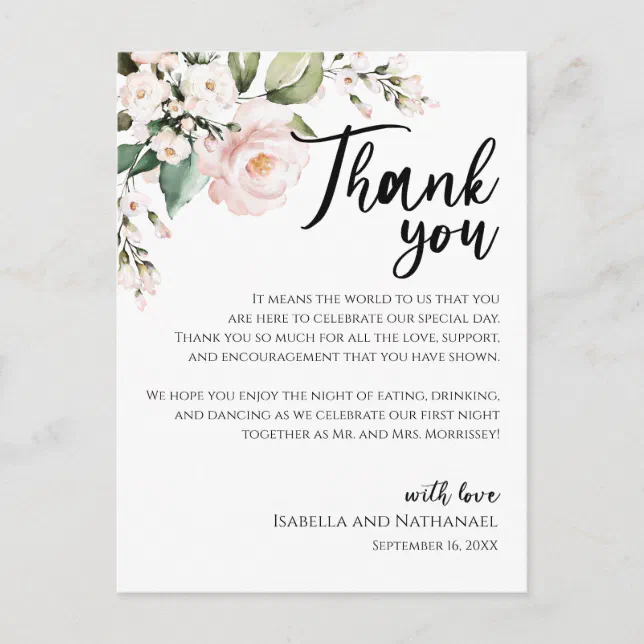 Blush Pink Floral Thank You Reception Card | Zazzle