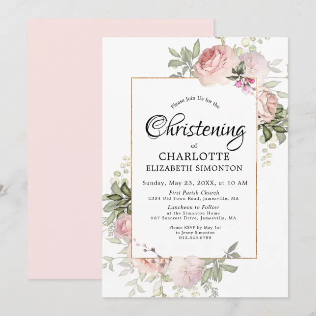 Blush Pink Floral Watercolor Christening Invitation | Zazzle