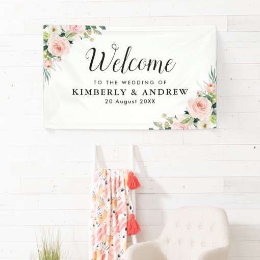 blush pink floral welcome wedding banner | Zazzle