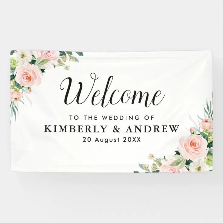 blush pink floral welcome wedding banner | Zazzle