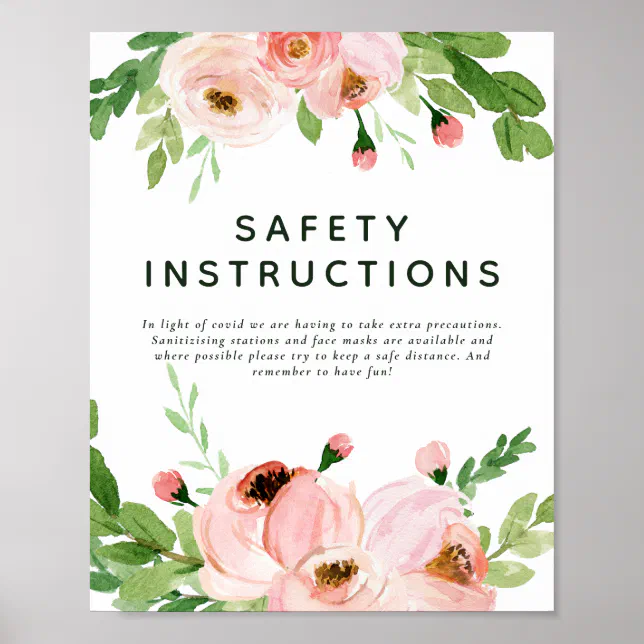 Blush pink floral wreath wedding safety info poster | Zazzle