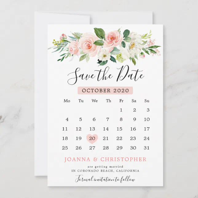 Blush Pink Florals Modern Botanical Calendar Save The Date | Zazzle